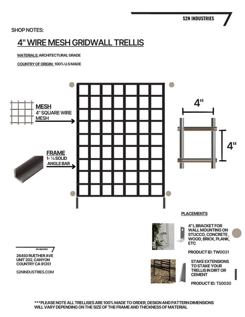 4" Square Grid Metal Gridwall Trellis, Wall Mounted Plant Guide ...