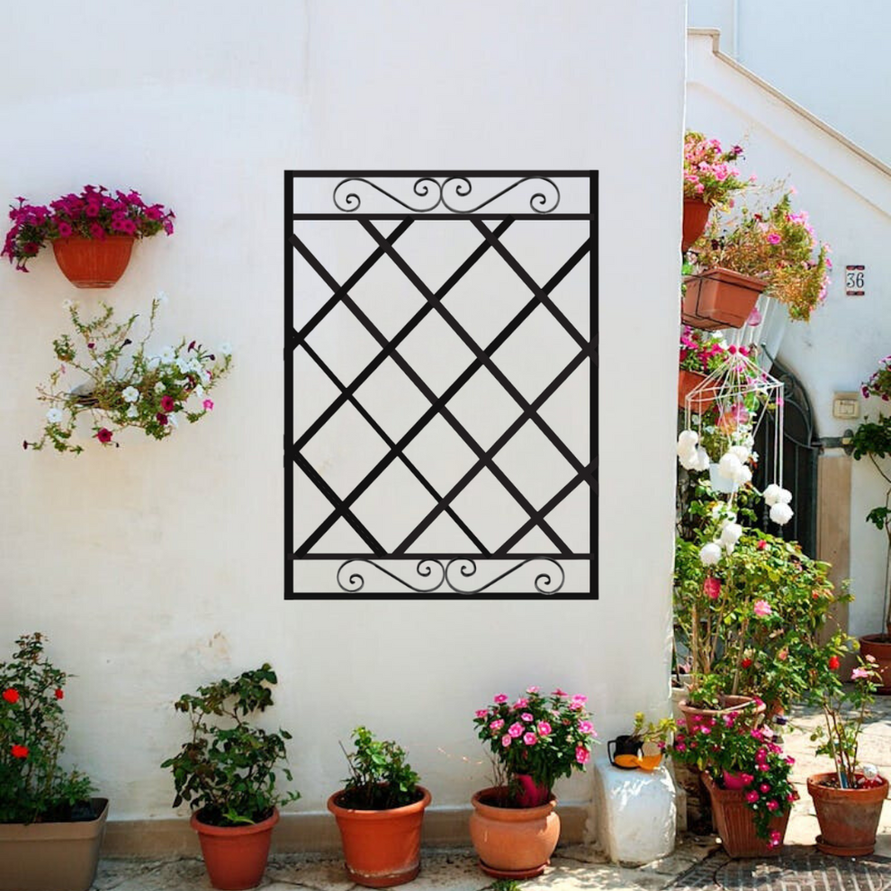 Classic Diamond Trellis, Ornate Wrought Iron Scroll Trellis Plant Panel ...